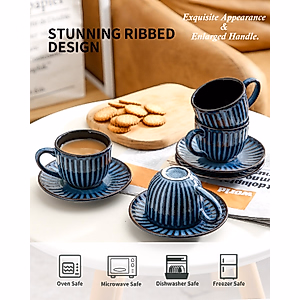 Hasense 4 Oz Espresso Cups with Saucers Set of 4, Ribbed Cappuccino Cups Ceramic for Coffee,Espresso,Double shot,Latte and Macchiato, Demitasse Cups Set Aesthetic Gift, Blue