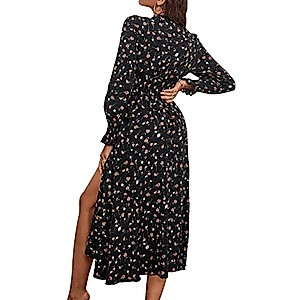 SweatyRocks Women's Deep V Neck Long Sleeve Floral Dress Boho Split A Line Long Dresses Black XL