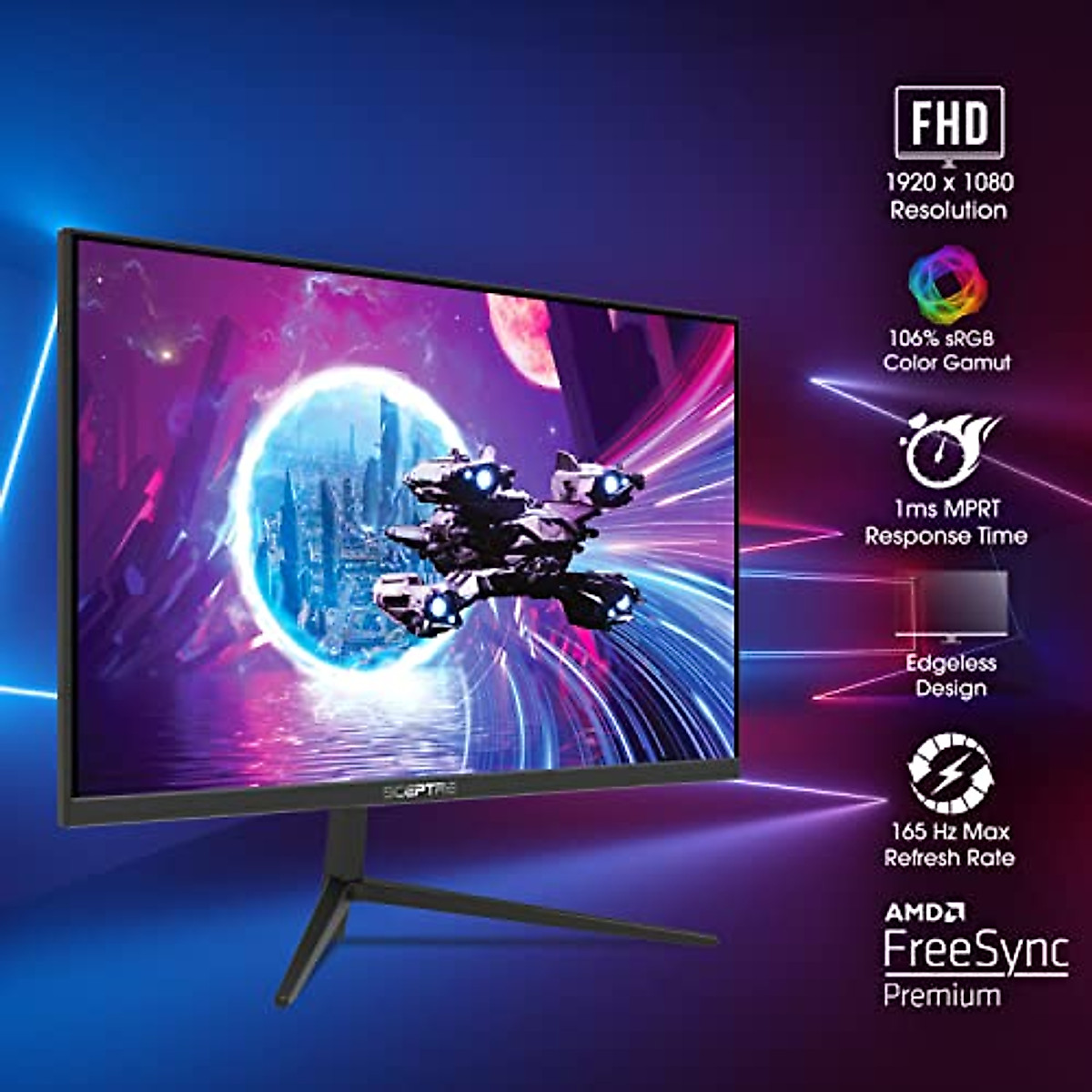 Sceptre 25" Gaming Monitor 1920 x 1080p up to 165Hz 1ms AMD FreeSync Premium HDMI x3 DisplayPort Build-in Speakers, 106% sRGB Machine Black (E255B-FWD168)
