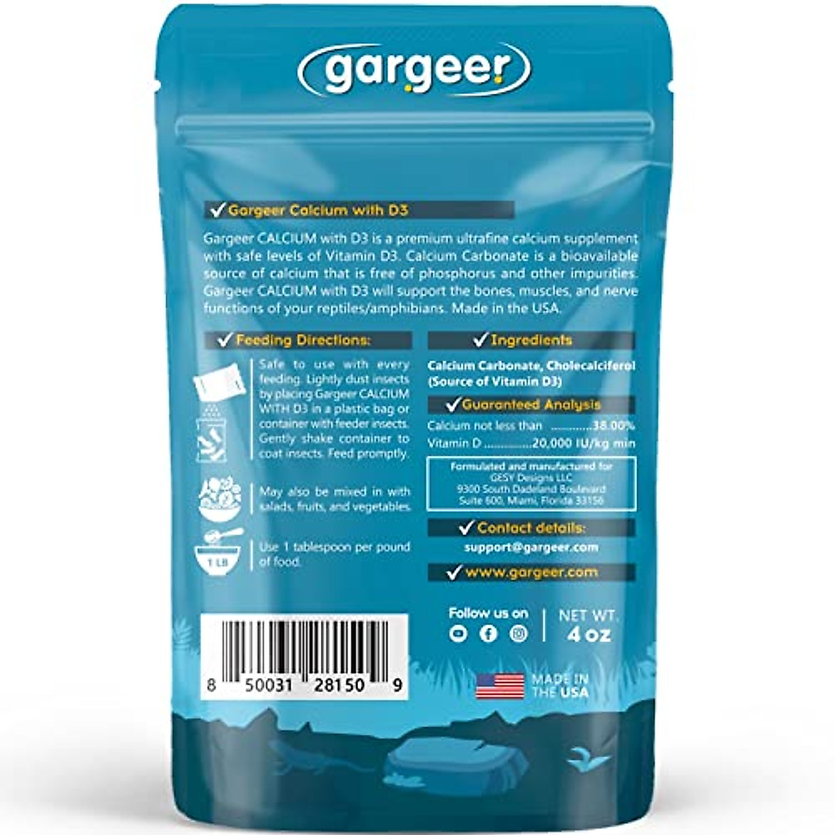 Gargeer 4oz All Reptile Calcium Powder with Vitamin D3, Phosphorus-Free, Ultrafine Powder, Pure Dust & Ready to Use for All Reptiles, Lizards & Amphibians Supplement. Made in The USA. Enjoy !
