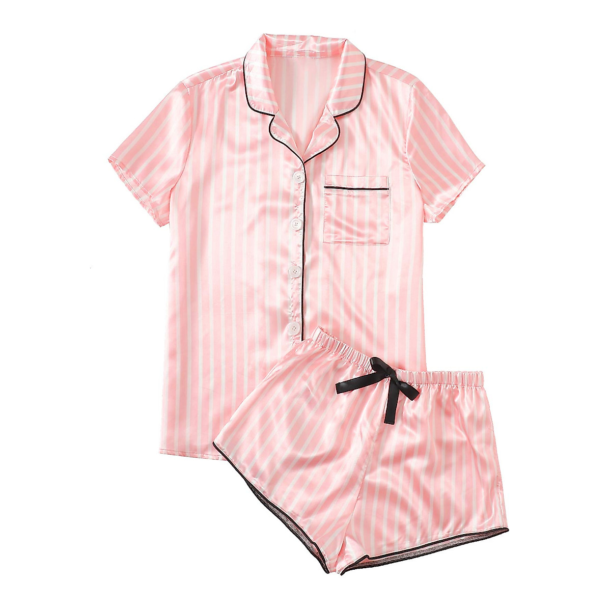 WDIRARA Women's Satin Sleepwear Short Sleeve Button Shirt and Shorts Pajama Set Silky PJ Striped Pink M