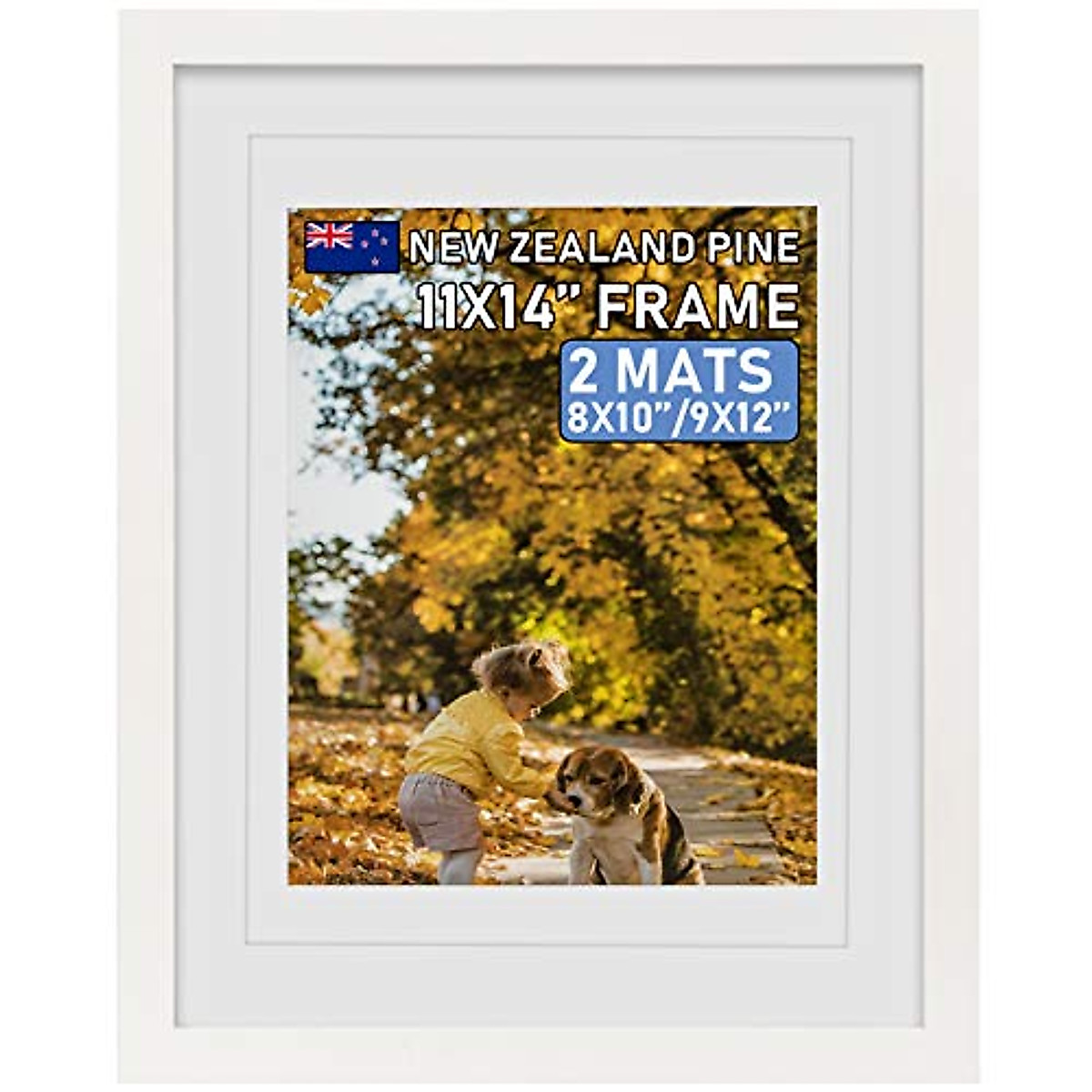Beyond Your Thoughts 11"X14" REAL WOOD + REAL GLASS (Hang/Stand) White Picture Photo Frame with Matted for 8"X10" or 9"x12" Photo for Wall and Table Top-Mounting Hardware Included(1 Pack)
