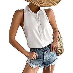 Verdusa Women's Casual Sleeveless Collar Button Down Shirt Blouse Top White S