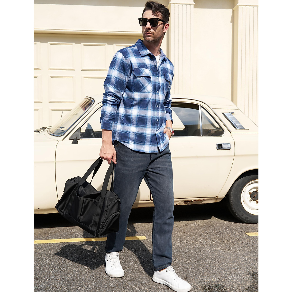 MAGCOMSEN Plaid Shirts for Men Flannel Shirts Long Sleeve Shirts Casual Shirts Work Shirts Athletic Shirts Mens Work Shirt Corduroy Shirts for Men Blue White