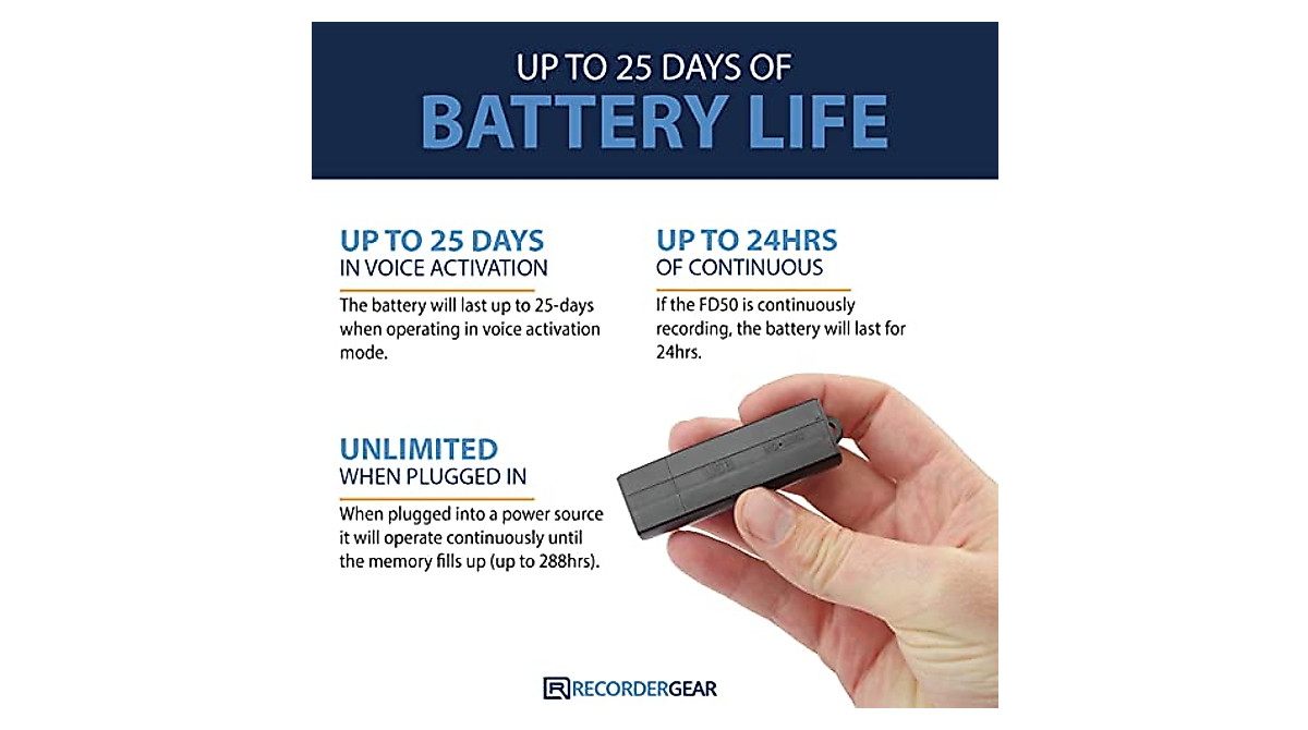 RecorderGear FD50 Mini USB Voice Recorder - 8GB, 25-Day Battery