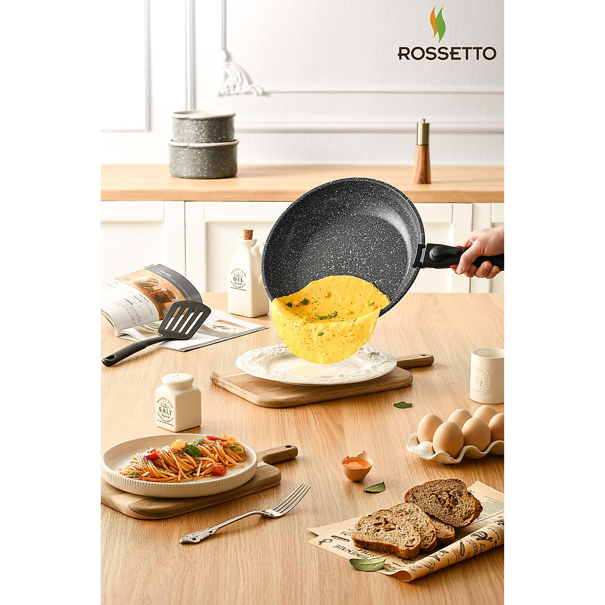 ROSSETTO 16pcs Pots and Pans Set Non Stick from France, Ceramic Cookware Set with Removable Handle, Induction RV Kitchen Cookware Set, Stackable, PFOA and PFAS Free, Oven Safe, Black Granite