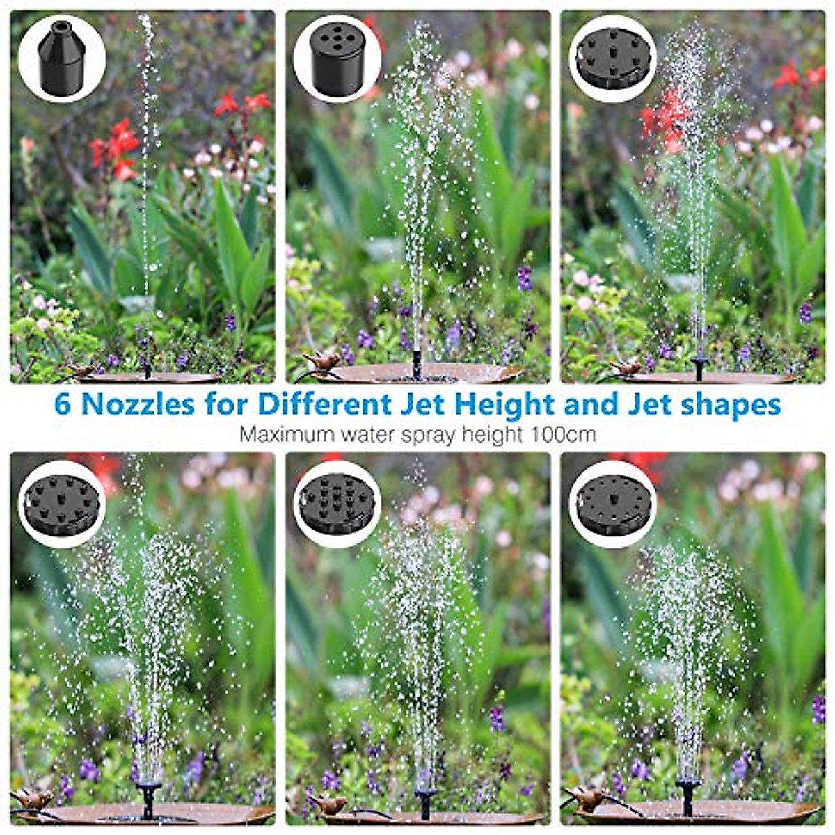 AISITIN 5.5W Solar Bird Bath Fountain Built-in 1500mAh Battery, Solar Fountain Pump for Bird Bath with 6 Nozzles, Solar Floating Water Fountain Pump for Bird Bath, Fish Tank, Pond, Garden and Outdoor