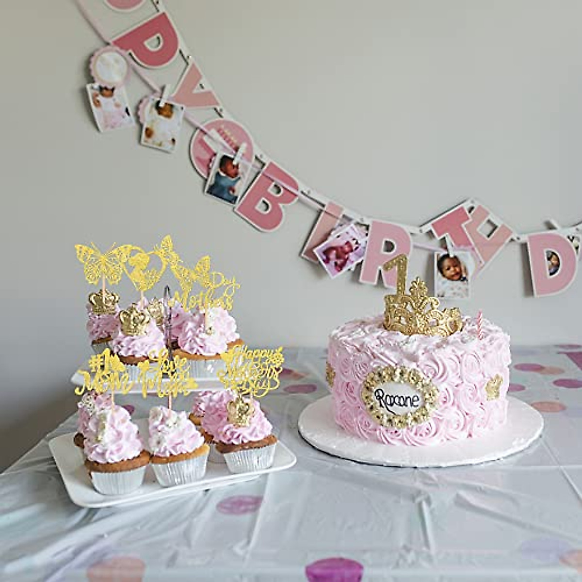 24 PCS Happy Mother's Day Cupcake Toppers Glitter Heart #1 Mom Butterfly Love You Mom Cupcake Picks for Happy Mother's Day Theme Women Birthday Party Cake Decorations Supplies Gold