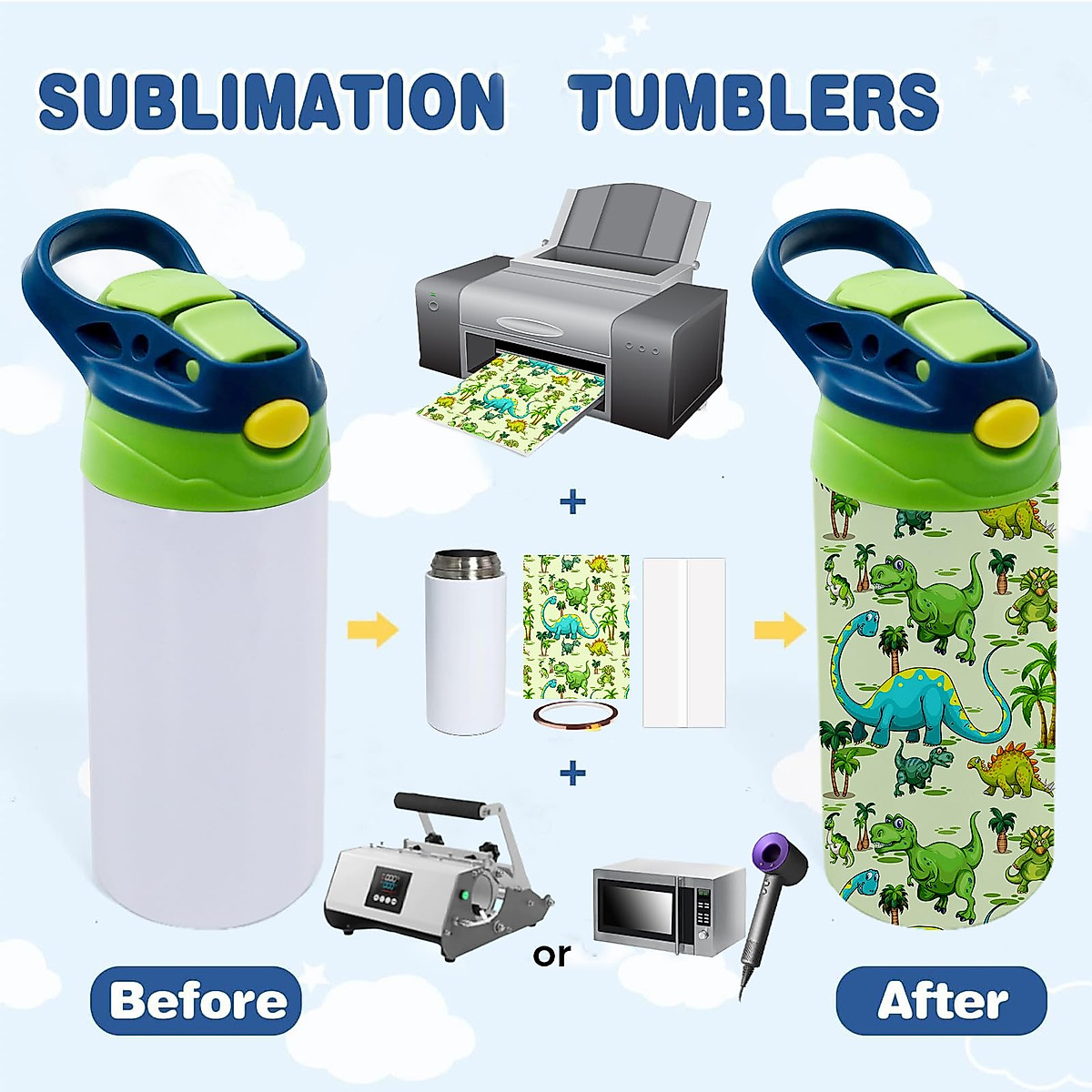 HIZEE 12 oz Sublimation Tumbler,6 Pack Sublimation Straw Sippy Cup Blank with One-click Pop-up Straw and Handle,Spill Proof Stainless Steel Thermos Water Bottles for School,Milk, Soda, Juice, Drinks