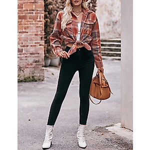 Oulivey Women Plaid Flannel Shirts Long Sleeve Oversized Button Down Boyfriend Blouse Tops (0066-Brown-XL)