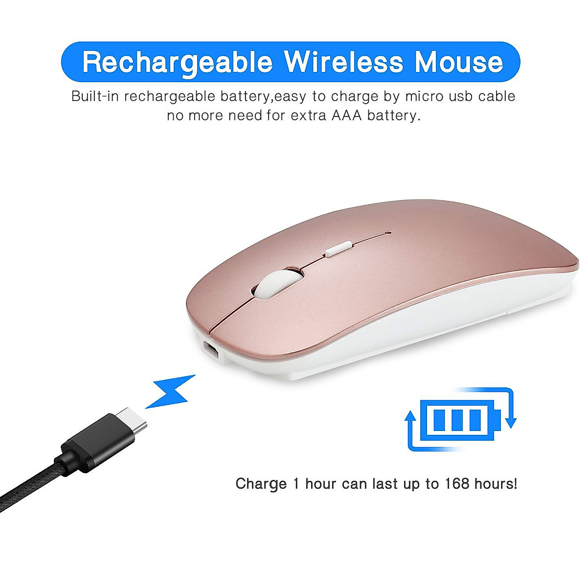 ShuGuoTu 2.4GHz Wireless Bluetooth Mouse, Dual Mode Slim Rechargeable Wireless Mouse Silent USB Mice, 3 Adjustable DPI,Compatible for Laptop Windows Mac Android MAC PC Computer (Rose Gold)