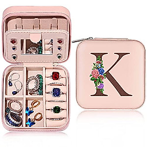 Yesteel Mini Travel Jewelry Case Jewelry Box Jewelry Organizer, Birthday Pink Gifts for Women Mom Grandma Friends Sister in Law Gifts Letter K