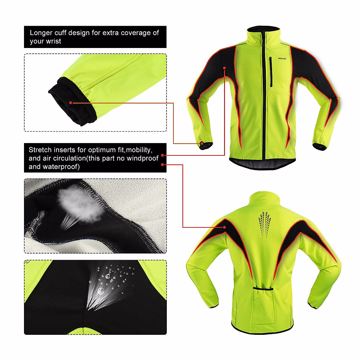 ARSUXEO Winter Warm UP Thermal Softshell Cycling Jacket Windproof Waterproof Bicycle Mountain Bike Clothes 15-K Green Size Large