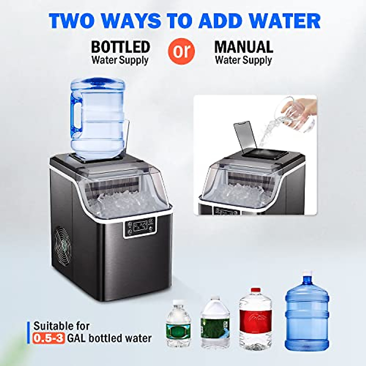 COWSAR Ice Maker Machine Countertop, 2 Ways to Add Water, 45 Lbs/24H, 24 Pcs/13 Mins, Adjustable ice thicknes, Self-Cleaning Portable Ice Maker with Ice Scoop & Basket