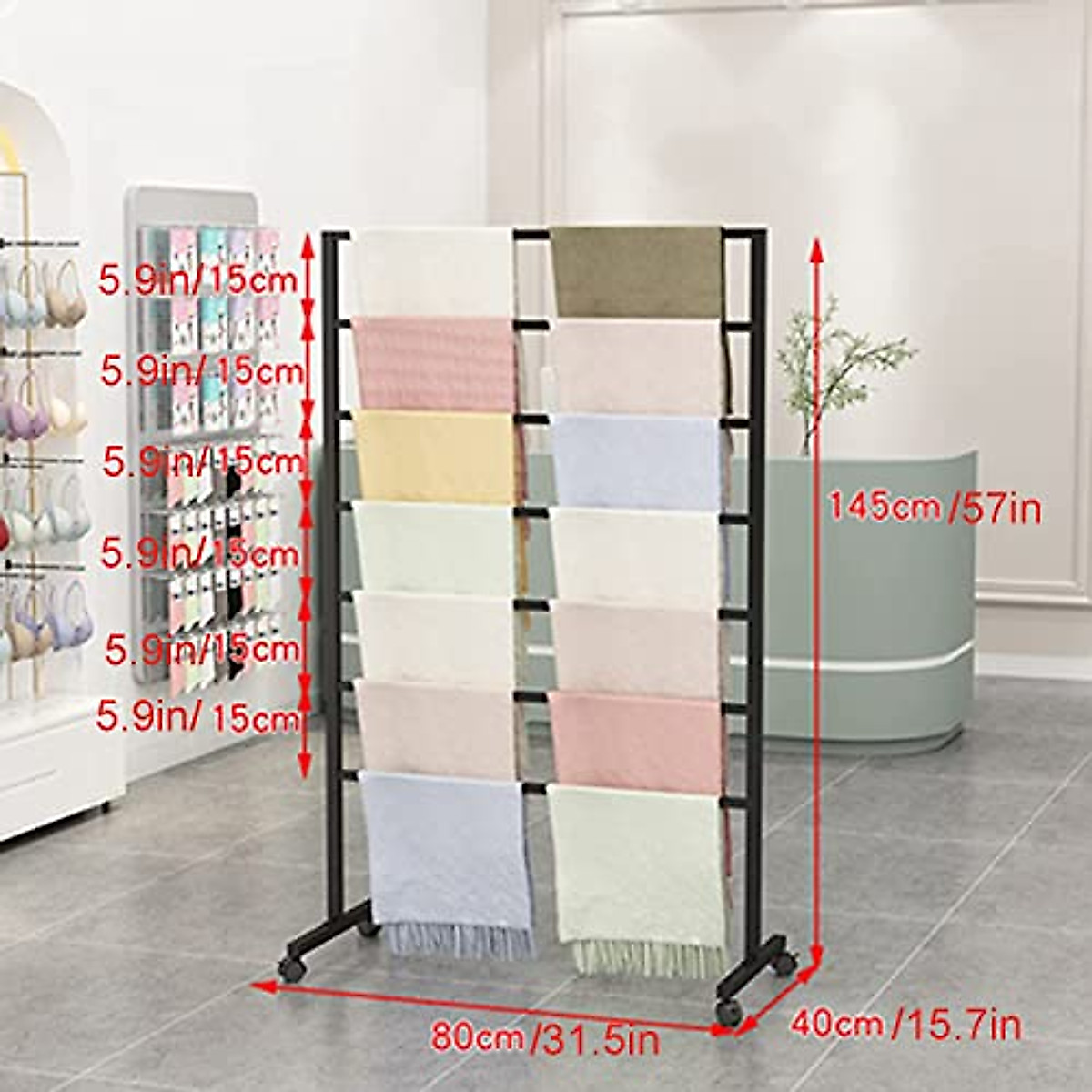 Freestanding Metal Scarf Display Rack with Wheels, Hanging Silk Shawl Fabric Pant Sheet Towel Organizer Rack, Tie Holder, Accessory Storage Rack for Clothing Retail Store Boutiques Home
