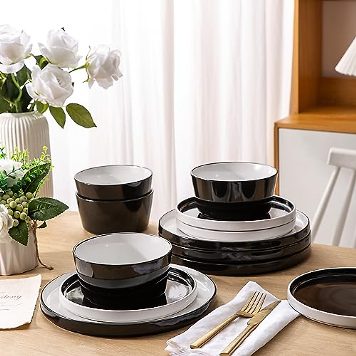 AmorArc Ceramic Dinnerware Sets for 4,12 -Piece Double Color Stoneware Plates and Bowls Set,Chip and Crack Resistant | Dishwasher & Microwave Safe Dishes Set,Service for 4 -White &Black