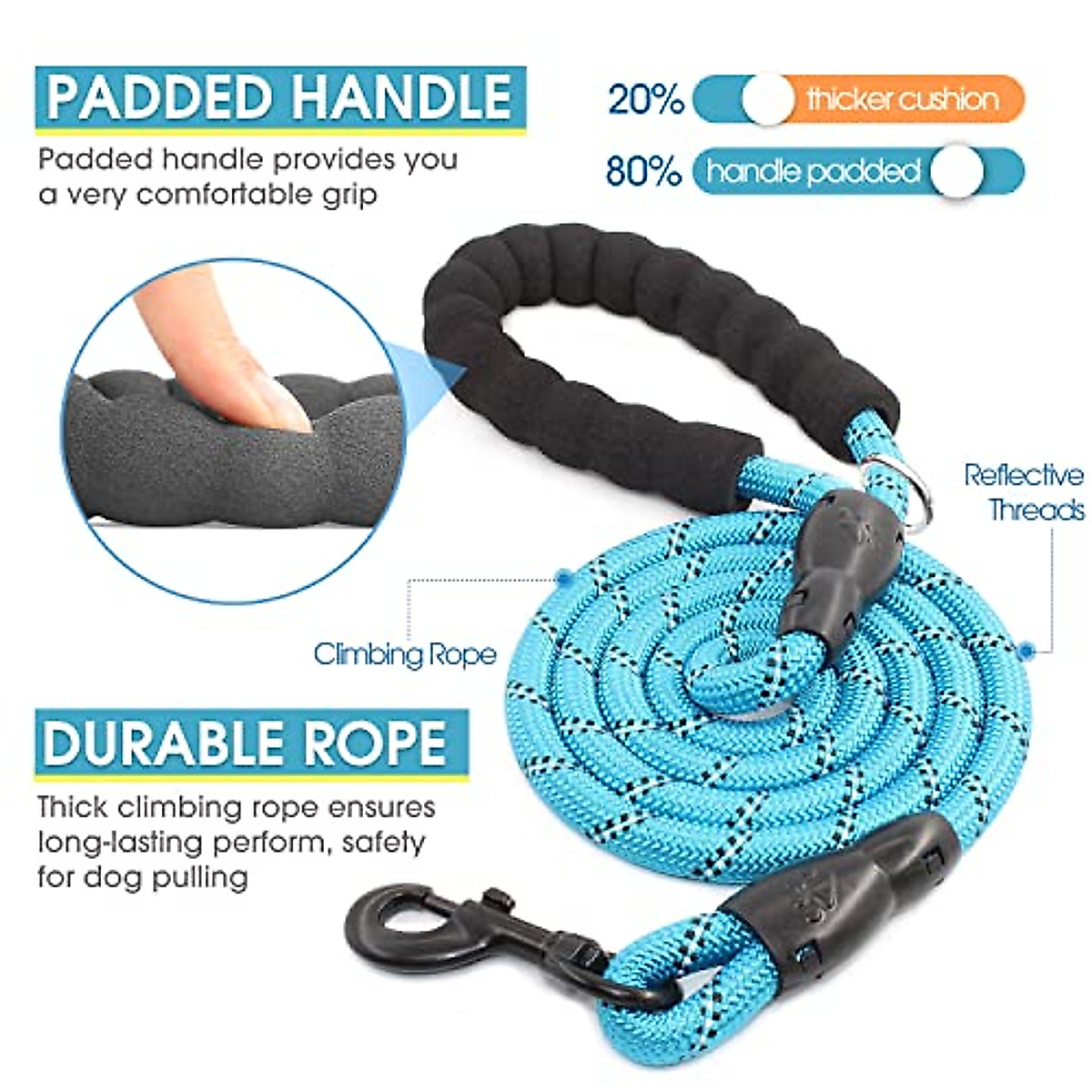 BAAPET Double Dog Leash, 4 FT Rope Dog Leash with Tangle Free Shock Absorbing Bungee and Poop Bags for Dual Small Medium Large Dogs (Medium/Large, Blue)