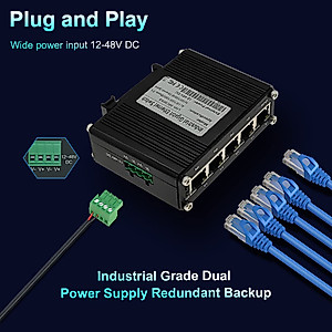 Mini Industrial 5 Ports Gigabit Switch Hardened 5 Port RJ45 10/100/1000Mbps Ethernet Switch Din Rail Mount Ethernet Switch Wall Mounts Included (-40 to 167 ºF) 10Gbps Switching Capacity