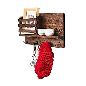 Coral Flower Wall Mounted Mail Holder Wooden Mail Sorter Organizer with 4 Double Key Hooks and A Floating Shelf Rustic Home Decor for Entryway or Mudroom