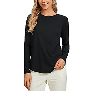CRZ YOGA Pima Cotton Workout Long Sleeve Shirts for Women Athletic Crewneck Yoga Casual Tops Plain T-Shirt Black Large