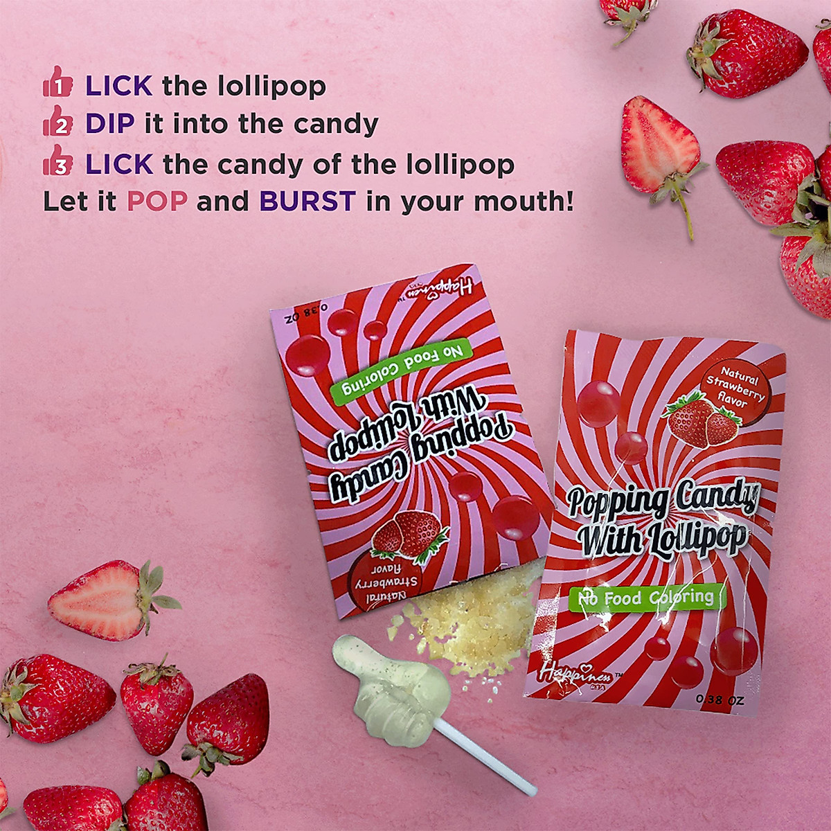 Happiness USA 50 PCS Popping Candy with Fun Dip Lollipop - All Natural No Artificial Colors or Flavors Pop Rocks Candy | Individually Wrapped Kosher Pareve Candy Pop | Non Dairy Pop Rocks Strawberry