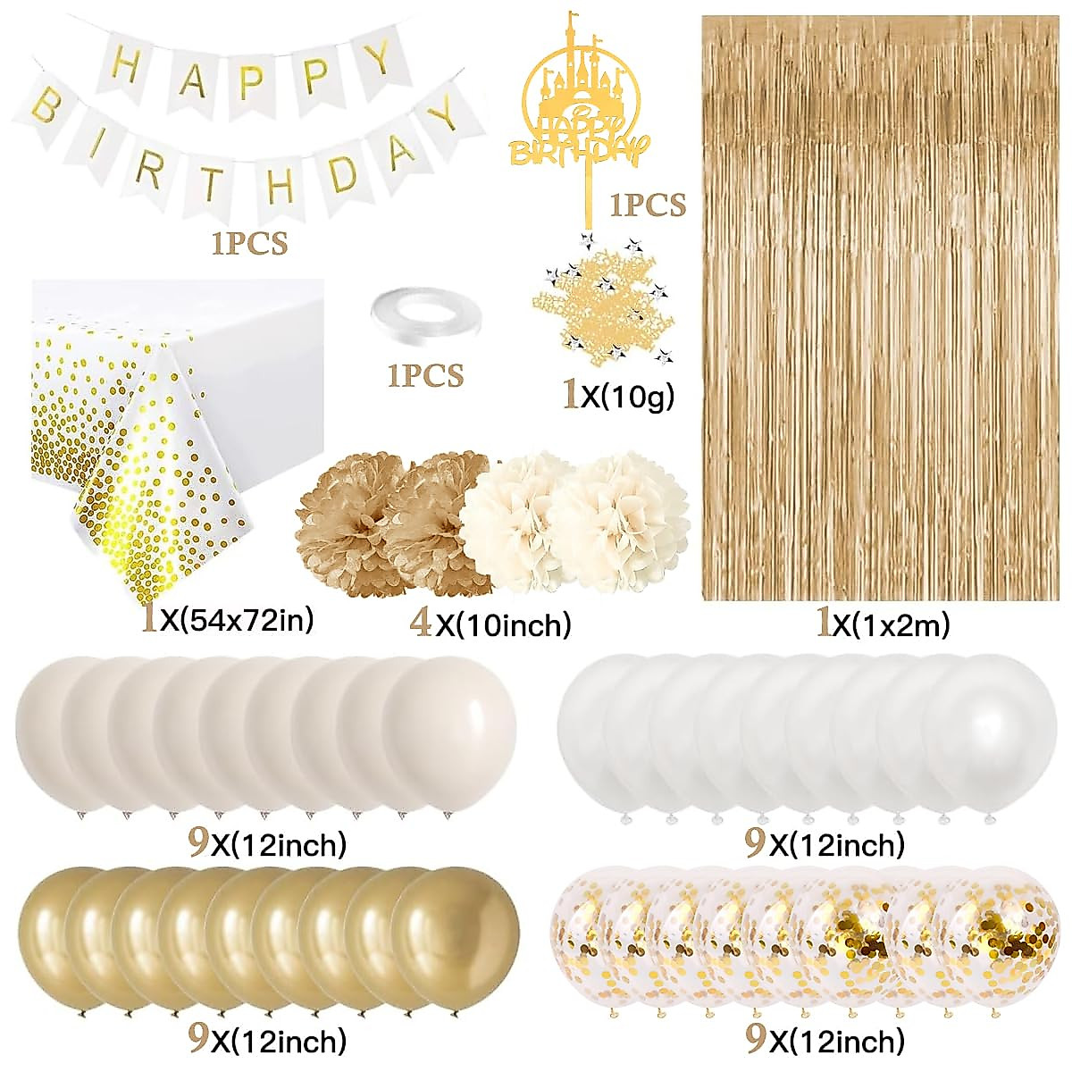 Gold Birthday Party Decorations for Women Men Beige Balloons Banner Tablecloth