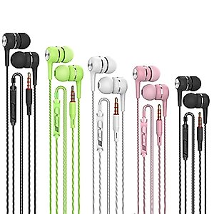5 Pack Mic Earbuds Wired,3.5mm Jack,Noise Cancelling in-Ear Headphones, Powerful Heavy Bass,Kids School Earphones Compatible with iPhone5/6/6s, iPod, iPad, MP3, Samsung