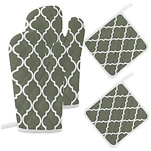4Pcs Oven Mitts and Pot Holders Set, Classic Quatrefoil Pattern Olive Green and White Oven Mitts Gloves Set Heat Resistant Hot Pads for Kitchen Cooking Grill
