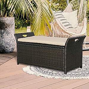 Patio Storage Bench for Outside Outdoor Furniture Wicker Deck Box with All-Weather Cushion, Beige
