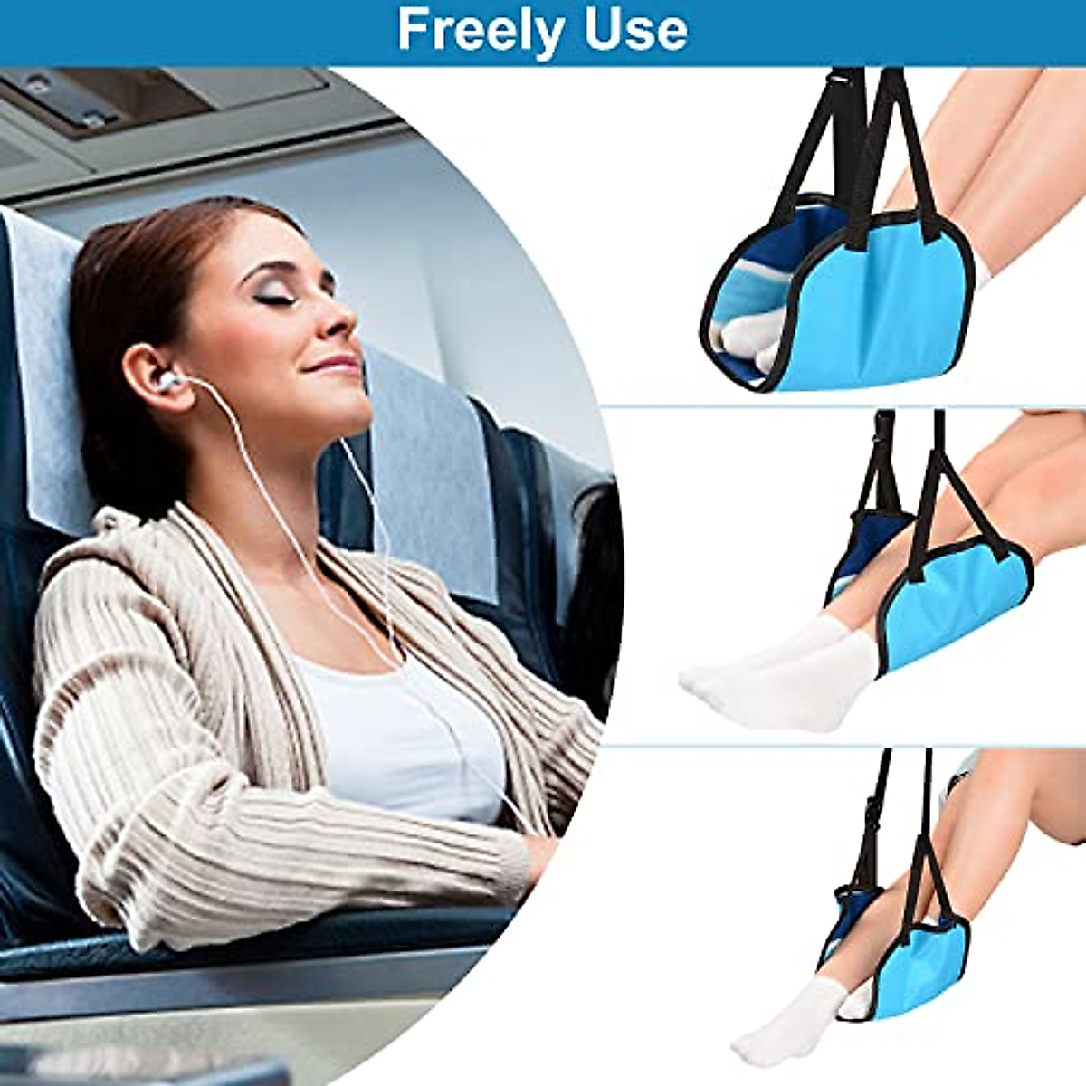 supregear Foot Hammock, 2-Pack Adjustable Airplane Footrest Portable Packable Relax Foot Hammock for Flight Train Bus Home Office Under Desk Travel Accessory for Reduce Swelling and Soreness, Blue