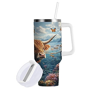 Slewiaeky Tumbler with Handle 40 oz Cow Cattle Kawaii Travel Mug with Lid and Straw Ocean Stainless Steel Vacuum Insulated Water Bottle Cup for Iced Tea Coffee Cold Beverages Cup Holder Friendly