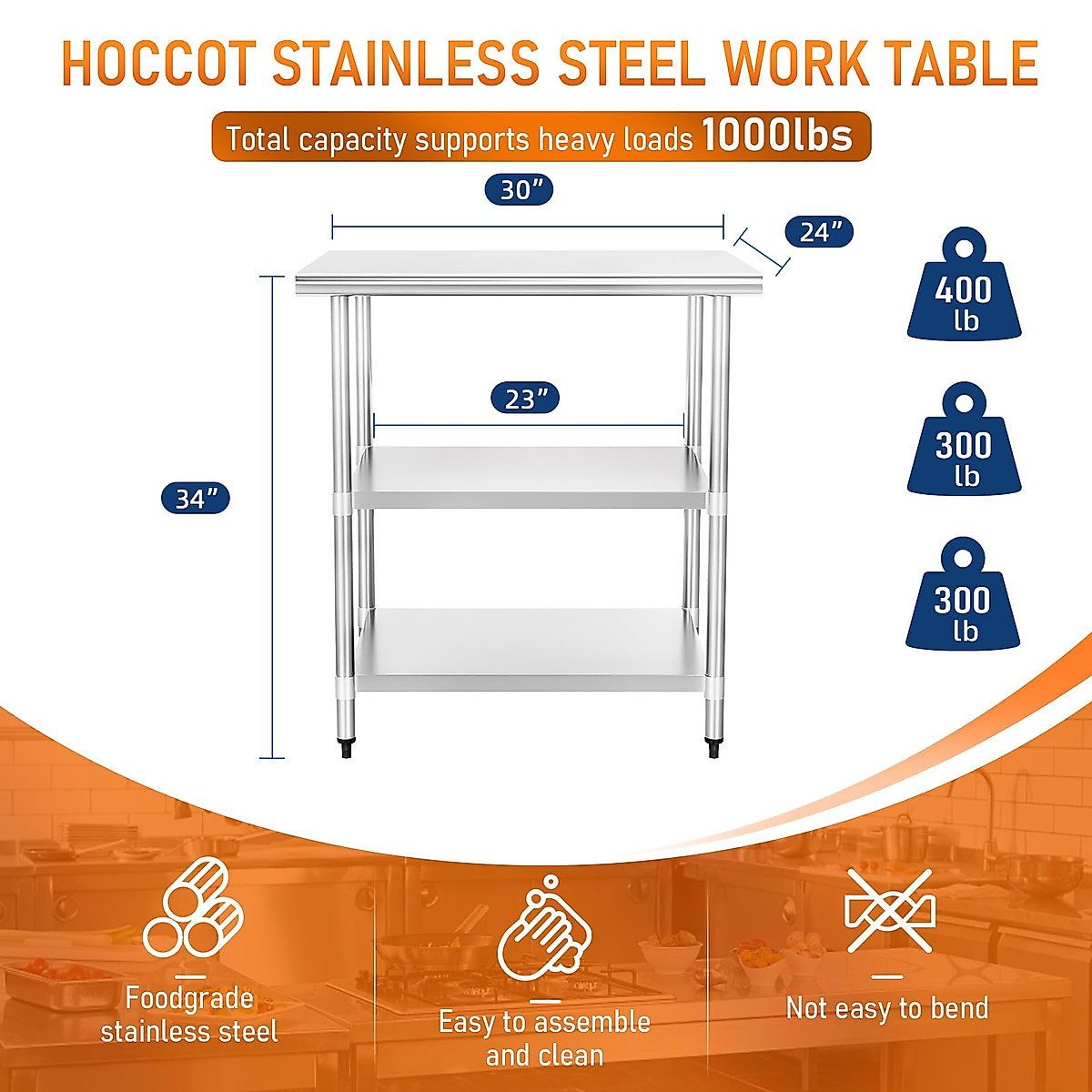 HOCCOT Stainless Steel Table for Prep & Work 24" X 30" inches with 2 Adjustable Shelf, Commercial Workstations, Utility Table in Kitchen Garage Laundry Room Outdoor BBQ
