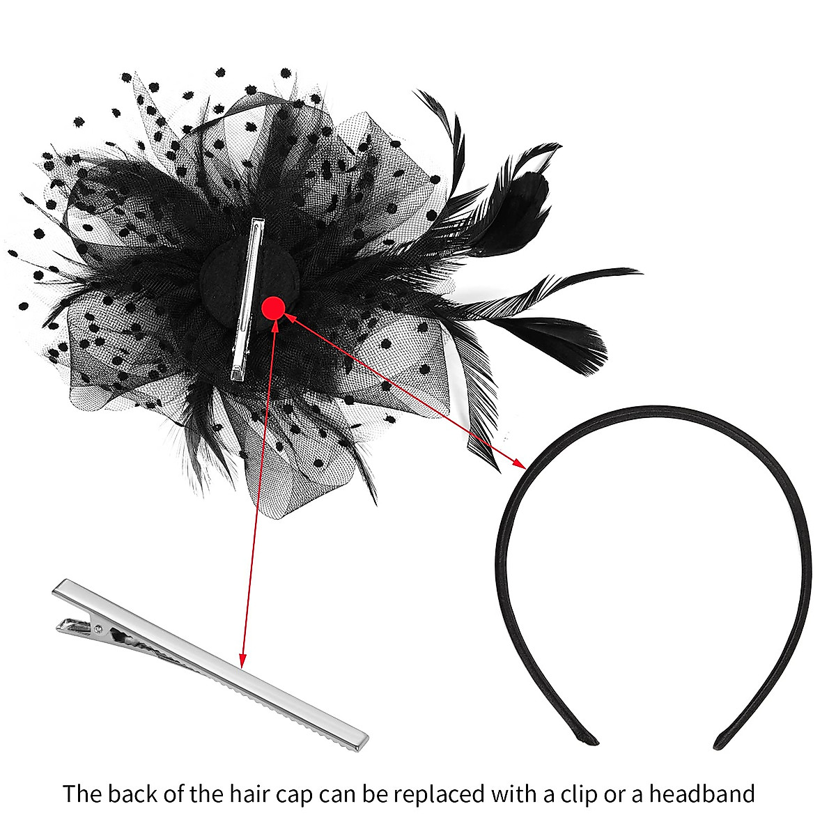 Fascinators Hat for Women Tea Party Hat Headband Set Wedding Flower Mesh Hair Clip with Veil Tea Party Headwear Lace Gloves Pearl Necklace and Earrings for Halloween Party Black