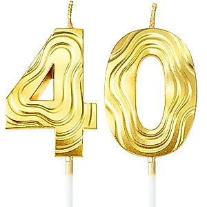40th Birthday Candles Happy Birthday Cake Topper 40th Birthday Decorations 3D Streamline Number Candles for Men Women Birthday Wedding Anniversary Celebration Supplies (Gold)