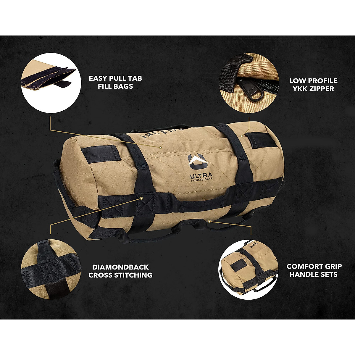 Ultra Fitness Workout Exercise Sandbags - Heavy Duty Sand-Bag, Functional Strength Training, Dynamic Load Exercises, WODs, General Fitness and Military Conditioning (Large 50-125lbs, Black)