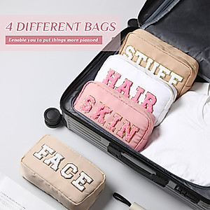Remerry 4 Pcs Nylon Cosmetic Bag Travel Organizer Chenille Letter Makeup Pouch Zipper Preppy Waterproof Hair Bag Toiletry Pouch for Women Girls(Light Brown, Beige, Light Pink, White)