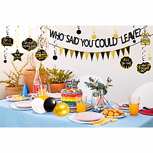 Black and Gold Goodbye Party Decorations - Farewell Decor Balloons + "Who Said You Could Leave" Banner + Hanging Swirls + Cupcake Topper Going Away Supplies