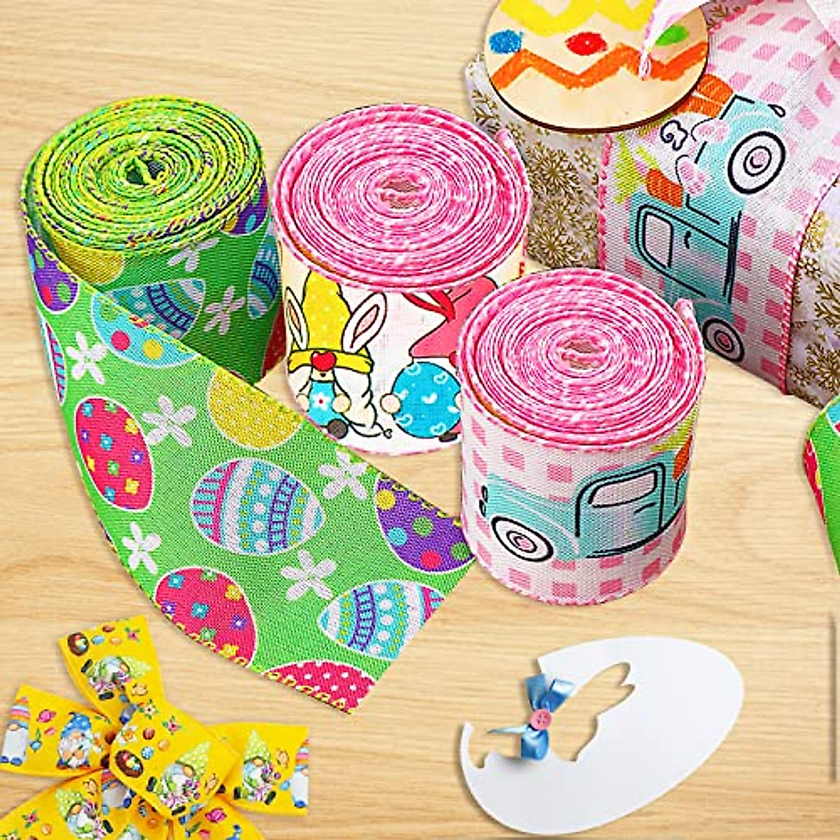 Easter Wired Edge Ribbon, 2.5 Inch x 26 Yards Easter Eggs Printed Ribbon Easter Truck Bunny Gnome Fabric Ribbons for Easter Wrapping Wreath Party Decoration DIY Craft Supplies