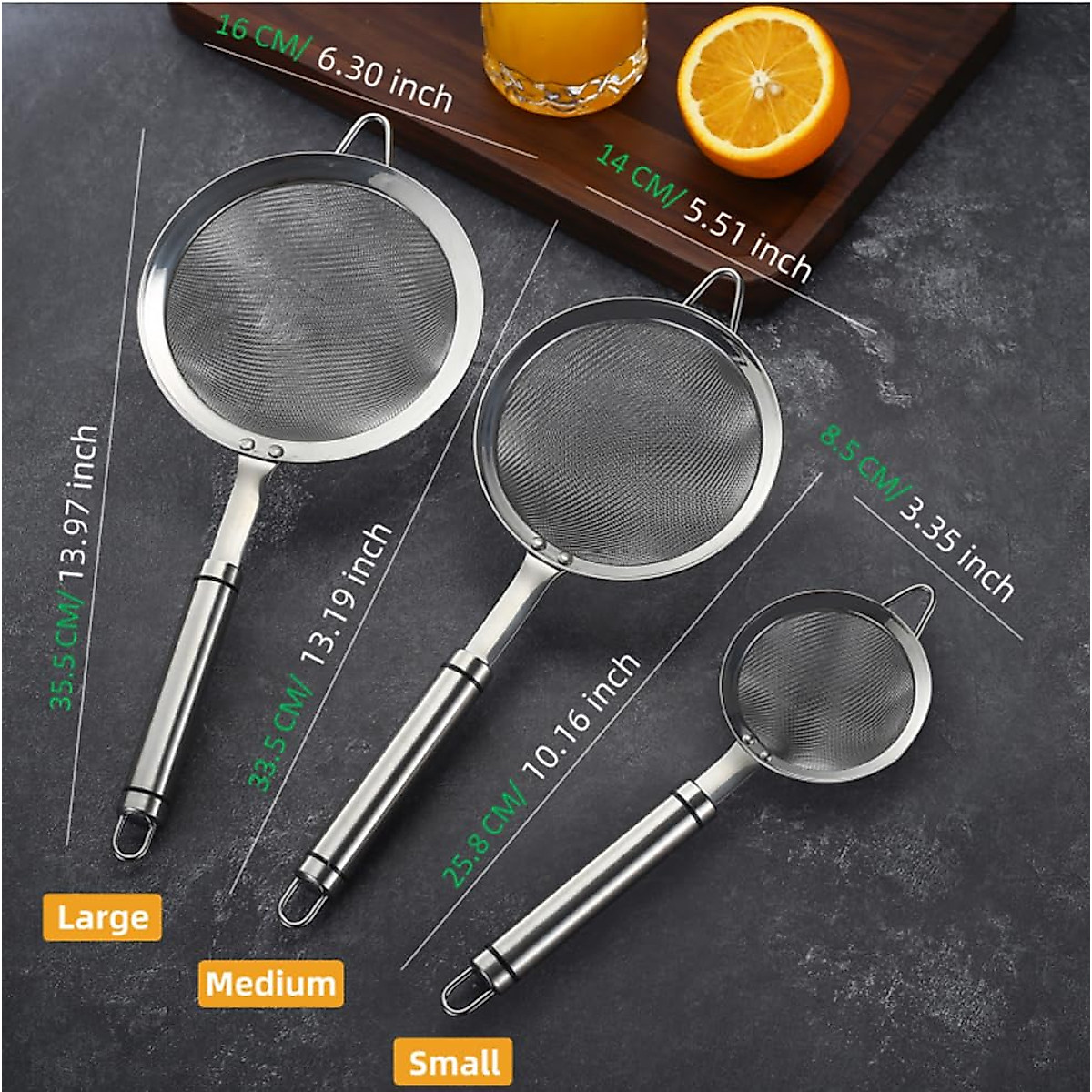 Adjaso 3.3inch 304 Stainless Steel Fine Mesh Strainer for Kitchen, Colander-Skimmer with Handle, Metal Sieves Sifters