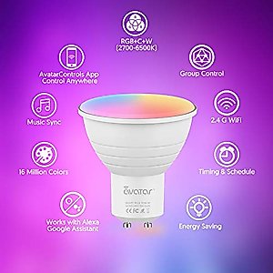 Avatar Controls 4 Pack Smart Bulb GU10, Alexa LED Light Bulbs Music Sync RGBCW Color Changing Dimmable WiFi Spot Lights Works with Google Home, Quick Connection