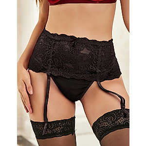Sexy Plus Size Lace Garter Belt for Women Black High Waisted Suspender G-String with 4 Clips for Stocking XS-S
