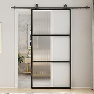 JUBEST Glass Barn Door 42in x 84in, Reeded Glass Carbon Steel Pre-Drilled Frame Sliding Barn Door Panel with 7FT Hardware Kit and Soft Close