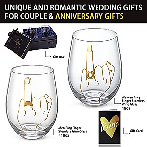 GEMTEND Engagement Gifts for Couples, Ring Finger Wine Glass, Bride and Groom Gifts, Funny Wedding Gifts for Couple, Just Married Gift, Mr and Mrs, Newlywed, Anniversary, Bridal Shower Gifts