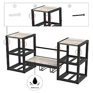 GiftGo Industrial Brown Wall Mounted Wine Rack with 3 Steam Glass Holder Partial Wood Shelf Black Metal Bottle Holder Multi Functional Wine Storage Display Rack for Home Bar Dining Room Kitchen