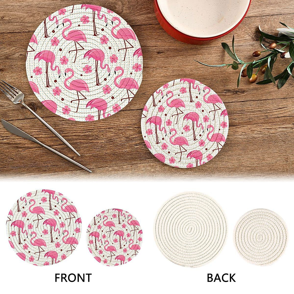 Kigai Pink Tropical Flamingo Trivets for Hot Pots and Pans and Pot Holders 2PCS – Cotton Rope Round Mats, Hot Pads for Kitchens, Coasters, Placemats, Spoon Rest for Cooking and Baking