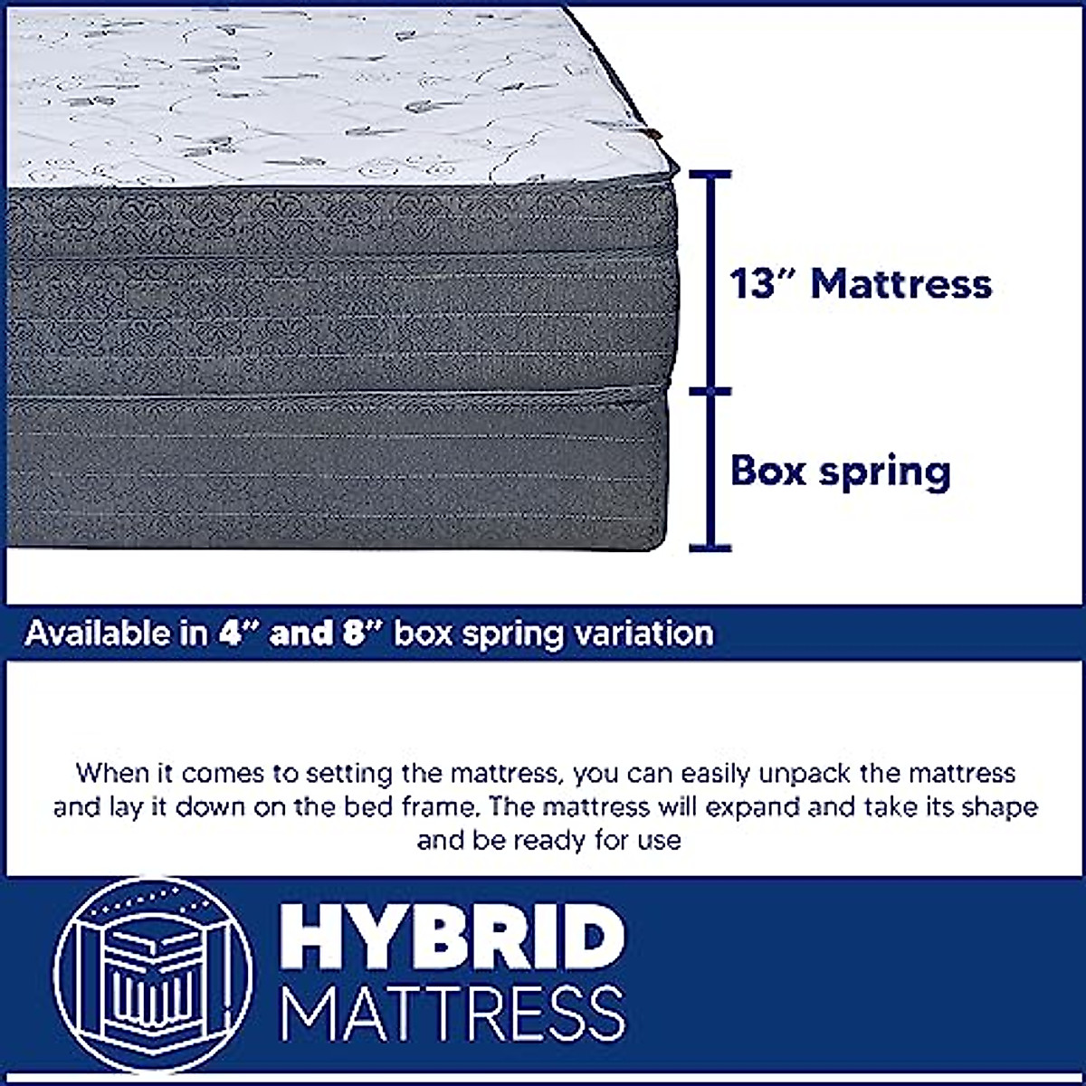 Spring Coil 13-Inch Extra Firm Foam Encased Eurotop Hybrid Mattress & 8" Wood Traditional Box Spring/Foundation Set, King, Black
