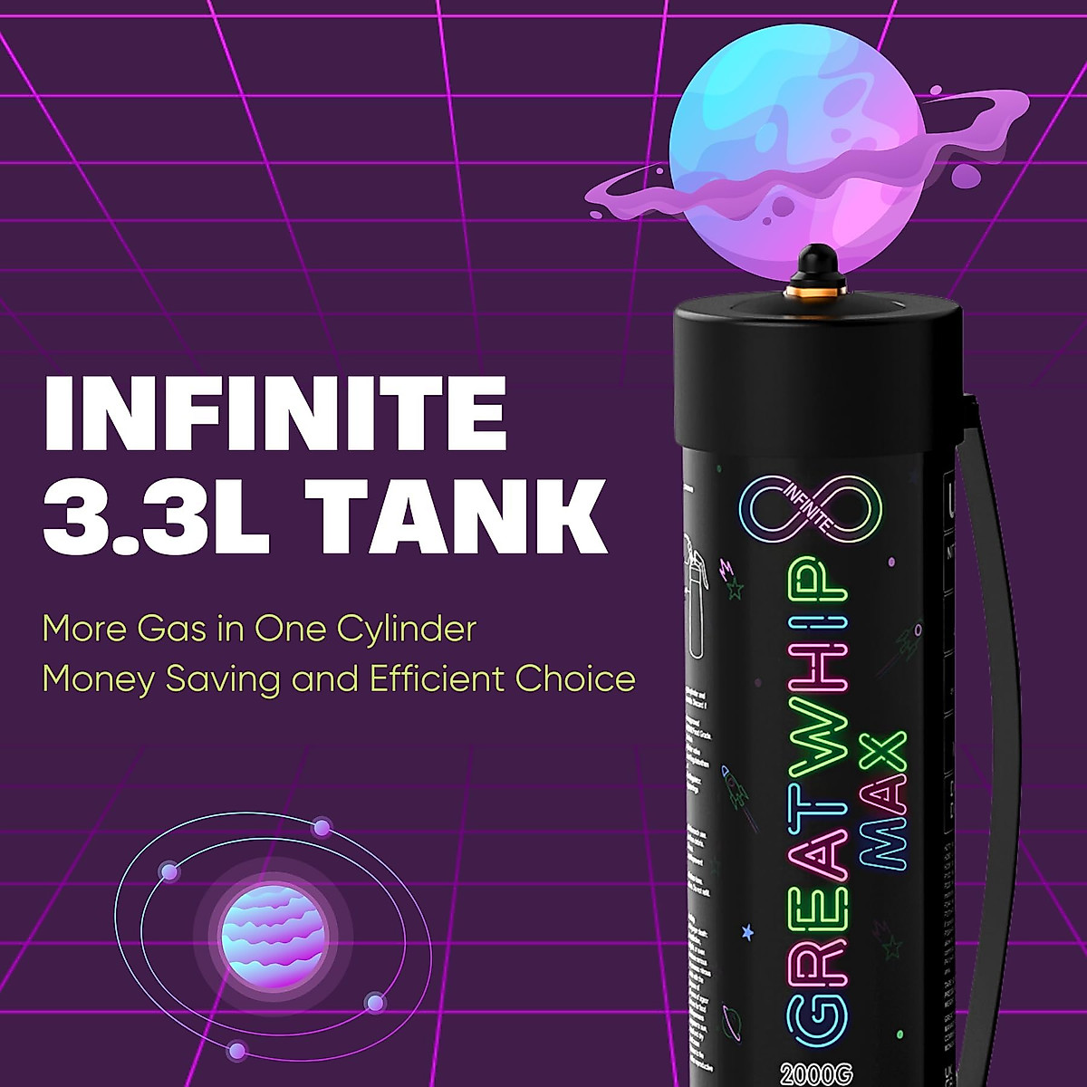 GreatWhip Whipped Cream Chargers, 3.3L Tanks, 2000g Whip Cream Charger Cylinder, 2 Cylinder