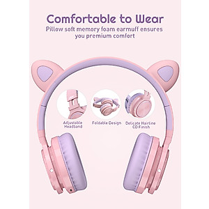 Picun Bluetooth Kids Headphones with Microphone, Cat Ear Wireless & Wired 85dB Volume Limited Multi-Function Girl Headphones, Built-in Flashing LED, Foldable for School Study Home Travel- Purple Pink