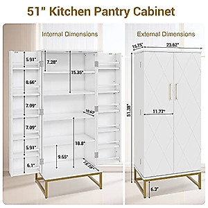 kepptory 51” Pantry Cabinets, White Freestanding Kitchen Pantry Storage Cabinet with Adjustable Shelves, Buffet Cupboards Storage Cabinet for Home Office Use, White + Gold