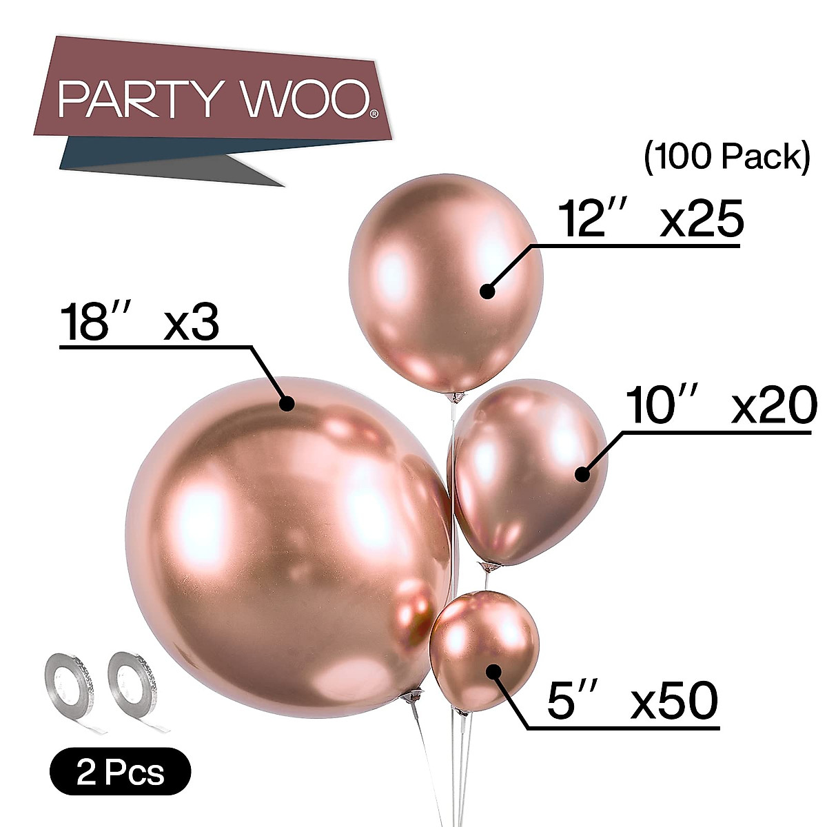 PartyWoo Rose Gold Balloons, 100 pcs Metallic Rose Gold Balloon Arch Kit of 18 inch 12 inch 10 inch 5 inch Latex Balloon Garland and 20m Ribbons for Rose Gold Birthday Decorations, Bachelorette Party